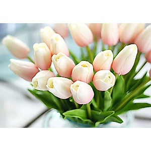 JOEJISN 30pcs Artificial Tulips Flowers Real Touch Pink Tulips Fake Holland PU Tulip Bouquet Latex Flowers for Wedding Party Office Home Kitchen Decoration (Light Pink)