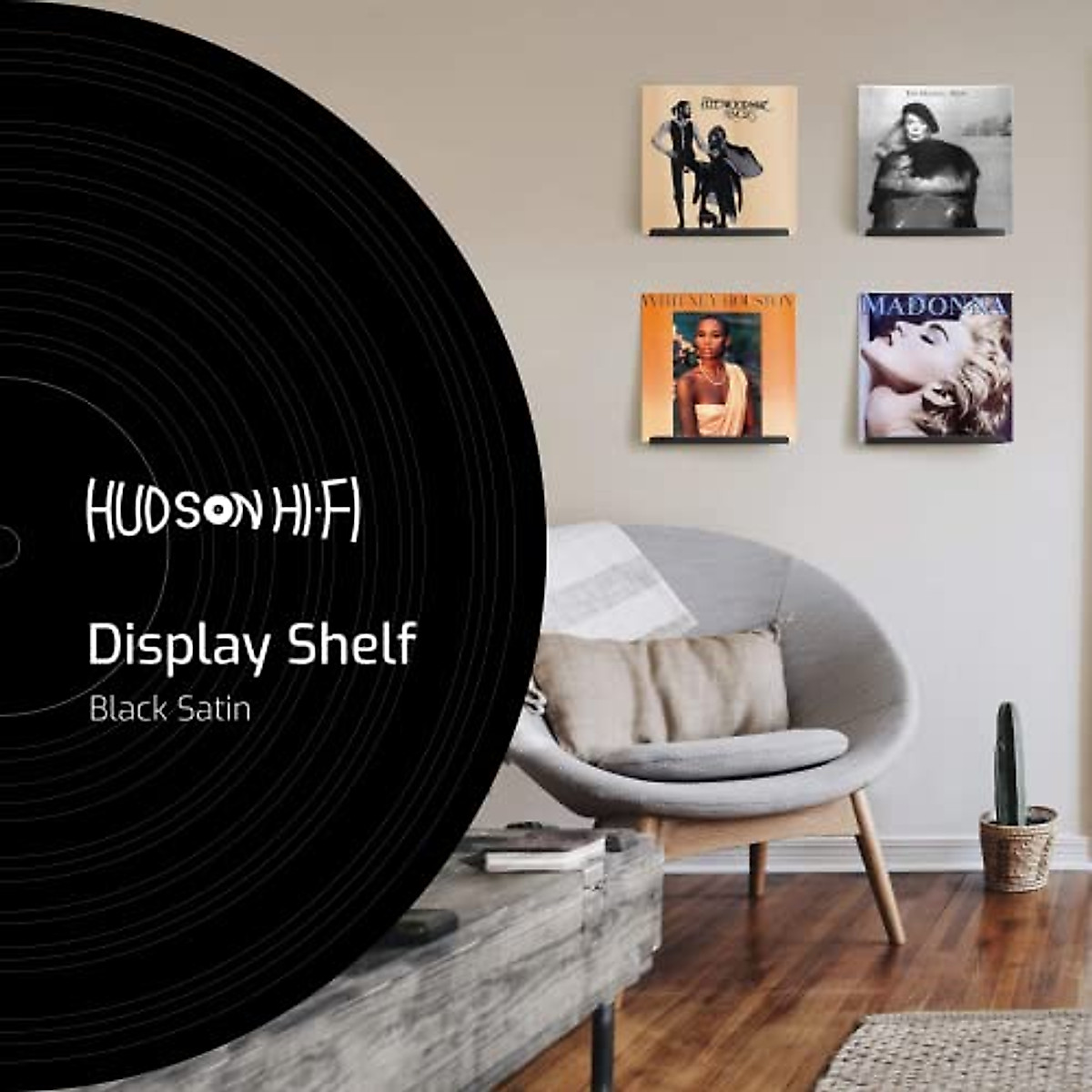 Hudson Hi-Fi Floating Vinyl Shelves - 1 CT Vinyl Record Wall Shelves for Quick Access & Safekeeping - Black Satin Wall Shelves & Record Storage Wall - Minimalist Album Mount for Wall