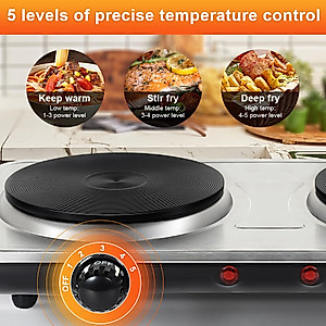 Uten Countertop Double Cast Iron Burner, 2000 Watts Electric Hot Plate, 5 level Temperature Controls, Power Indicator Lights, Easy to Clean, Black