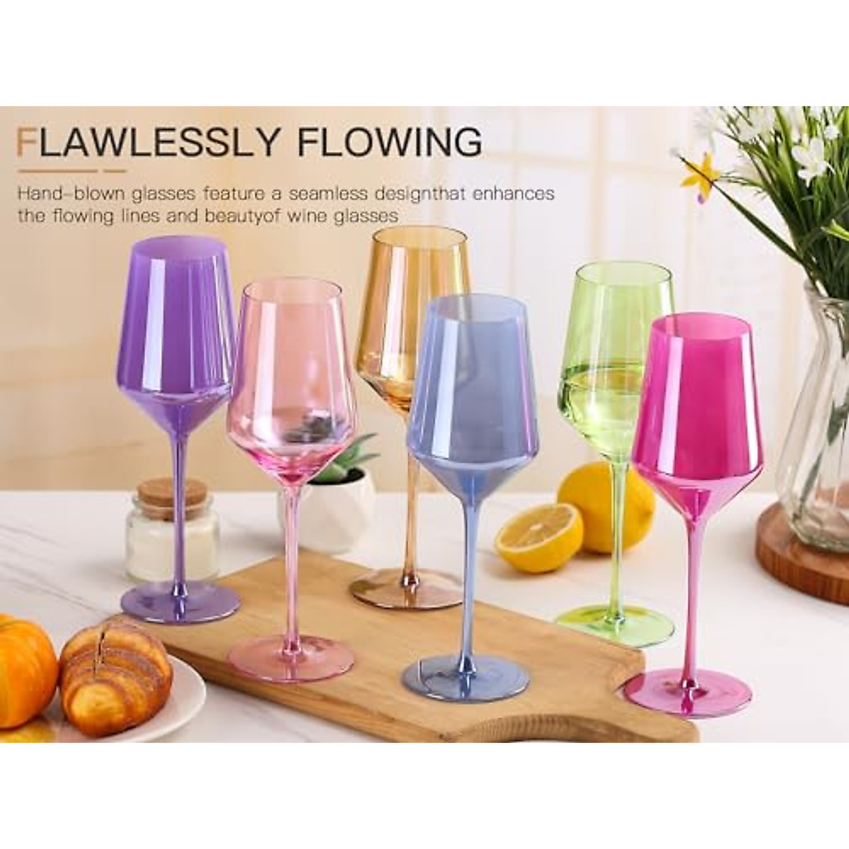 Colored Wine Glasses Set of 6-15oz Hand Blown Colorful Crystal Long Stem Wine Glasses, Unique Colored Glassware for Party,Home Bar