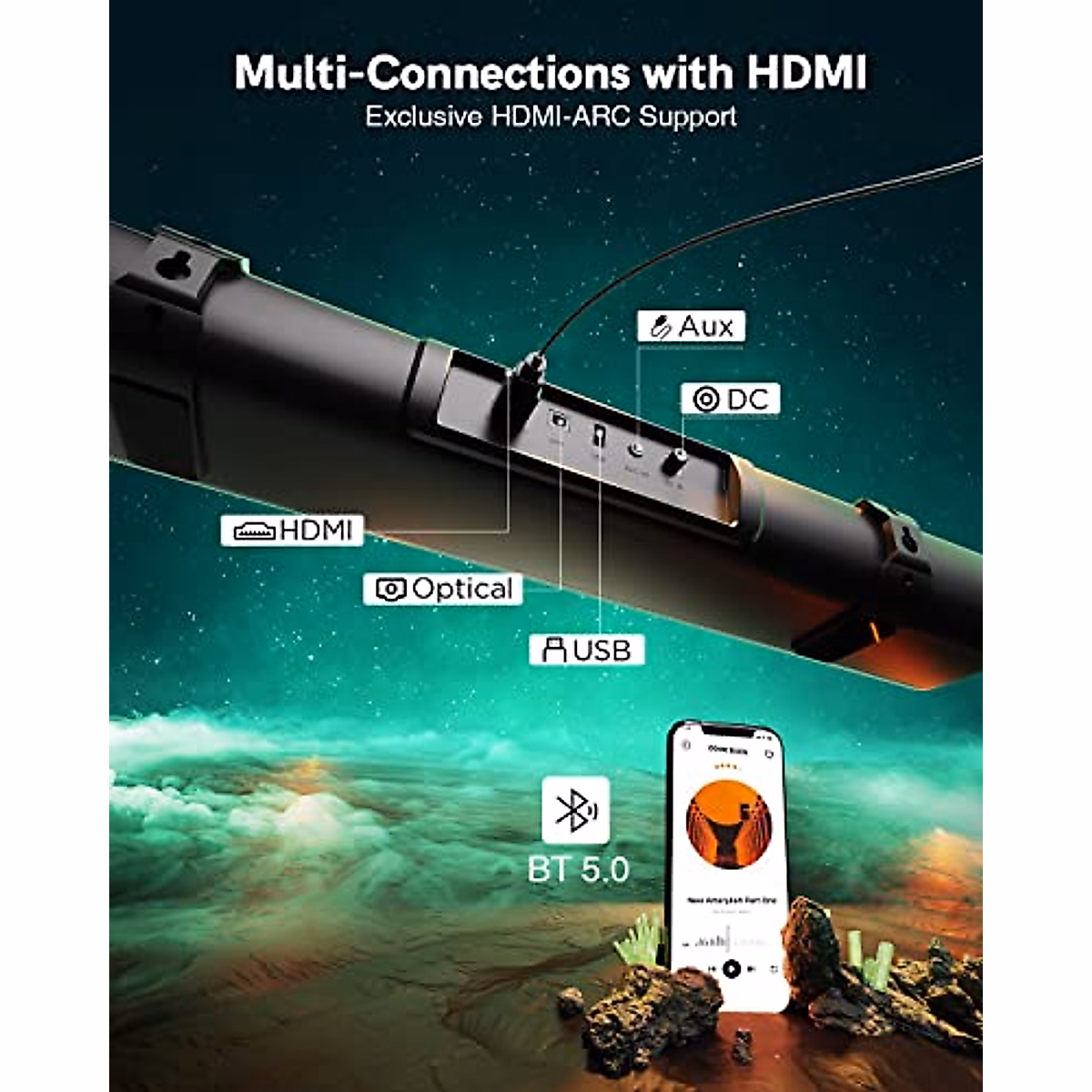 ULTIMEA Sound Bars for TV, 22'' TV Sound Bar, Deep Bass+/- TV Soundbar, Built-in 4 Speakers, 6 EQ Surround Sound Soundbar for TV Speakers, ARC/Optical/Bluetooth/AUX Home Theater Speakers-60W