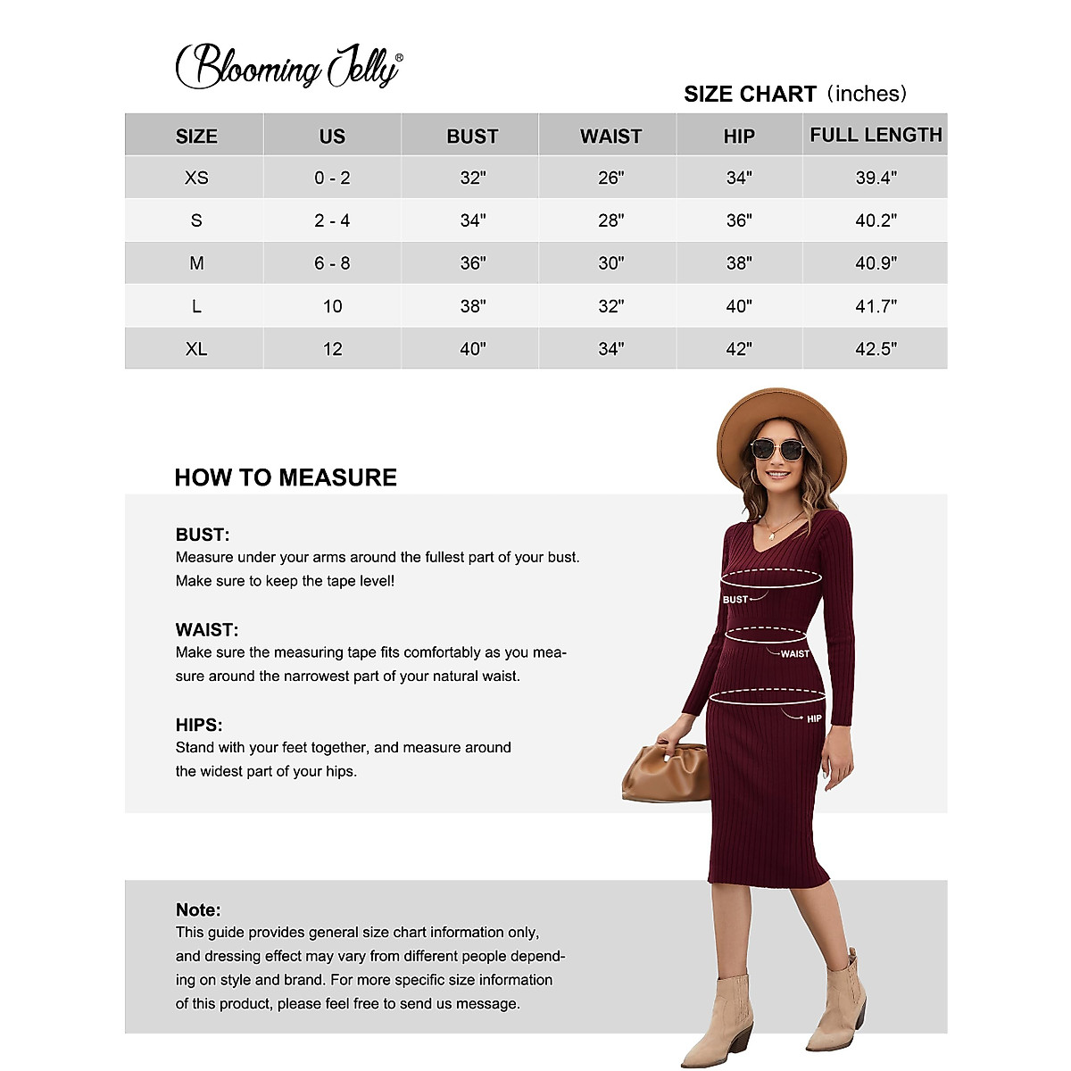 Blooming Jelly Womens Midi Sweater Dress Long Sleeve V Neck Bodycon Fall Dresses 2023 Casual Knee Length Knit Ladies Elegant Winter Dress (Large, Burgundy)