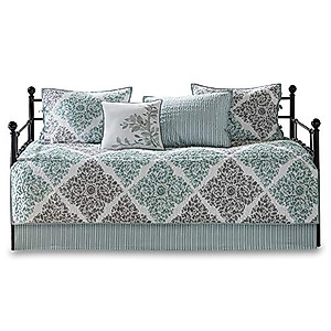 Madison Park Daybed Cover Set - Double Sided Quilting Casual Design, All Season Bedding with Bedskirt, Matching Shams, Decorative Pillow, 75"x39", Diamond Aqua 6 Piece