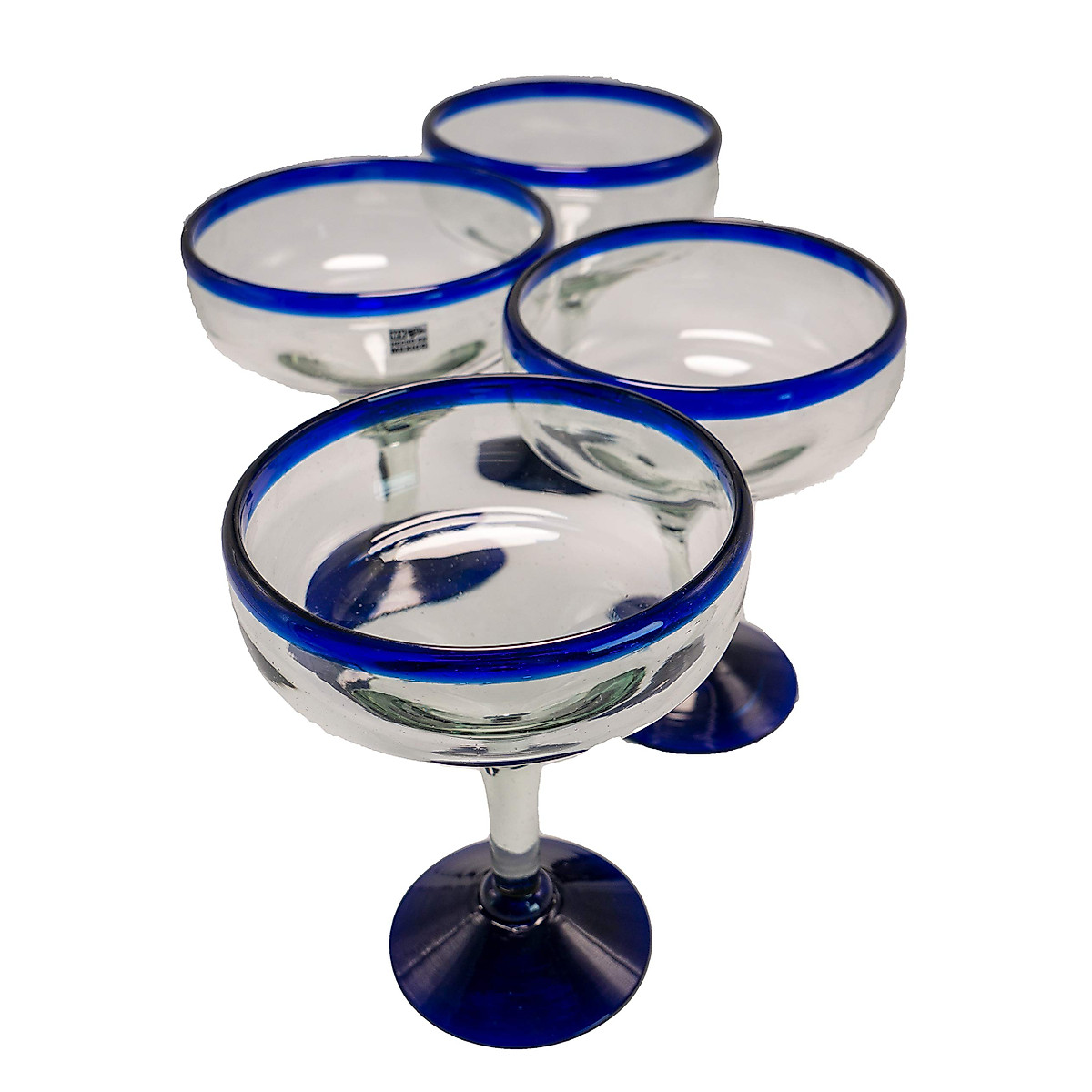 EMPORION Set of 4 Hand-Blown Margarita Glasses from Mexico with Cobalt Blue Rim - Rustic & Handcrafted Recycled Bubble Glass Drinking Glassware - 14 Oz