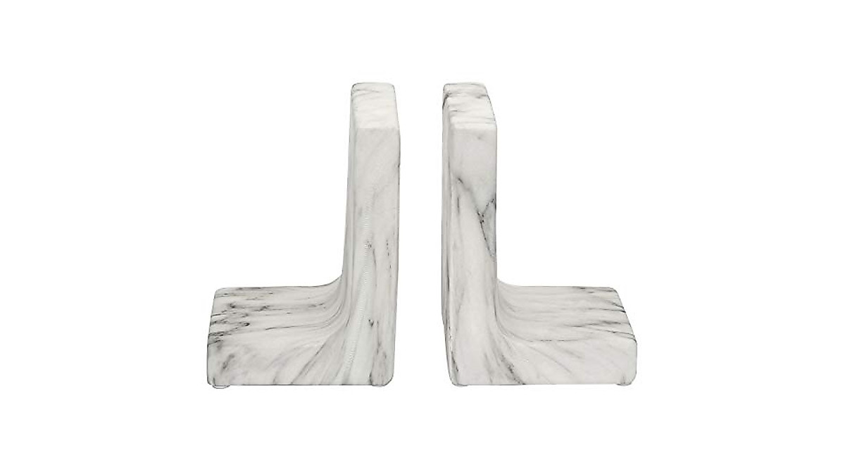 MyGift White Marble Style Bookends - Elegant Desk & Shelf Decor