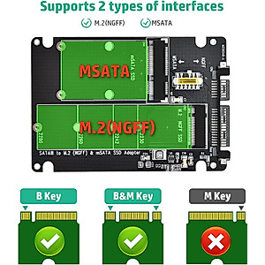 ELUTENG M.2 SATA to SATA Adapter (Not Support NVME/M.2 PCIE) MSATA and B Key/B&M Key M.2 NGFF SDD to 2.5" SATA III 2 in 1 Converter Supports MSATA/M.2 NGFF SSD Not for M Key