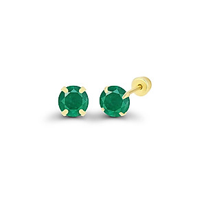 Solid 14K Yellow Gold 3mm Round Genuine Green Emerald May Birthstone Solitaire Ball Screw Back Stud Earring