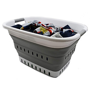 SAMMART 37L (9.7 gallons) Collapsible Plastic Laundry Basket - Foldable Laundry Hamper - Storage Container/Organizer - Pop Up Saving (White/Grey)