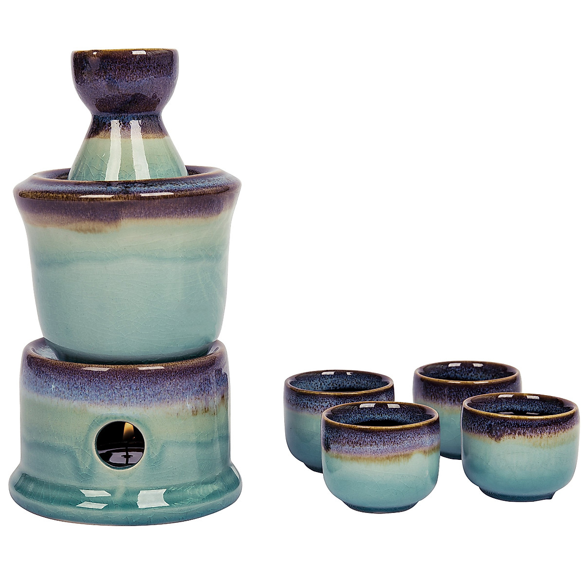 MyGift 7 Pc Sake Set with Warmer, Japanese Style Blue and Purple Ceramic Sake Serving Gift Set with 7.4 oz Bottle Carafe, 4 Ochoko 1.7 oz Cups and Warmer