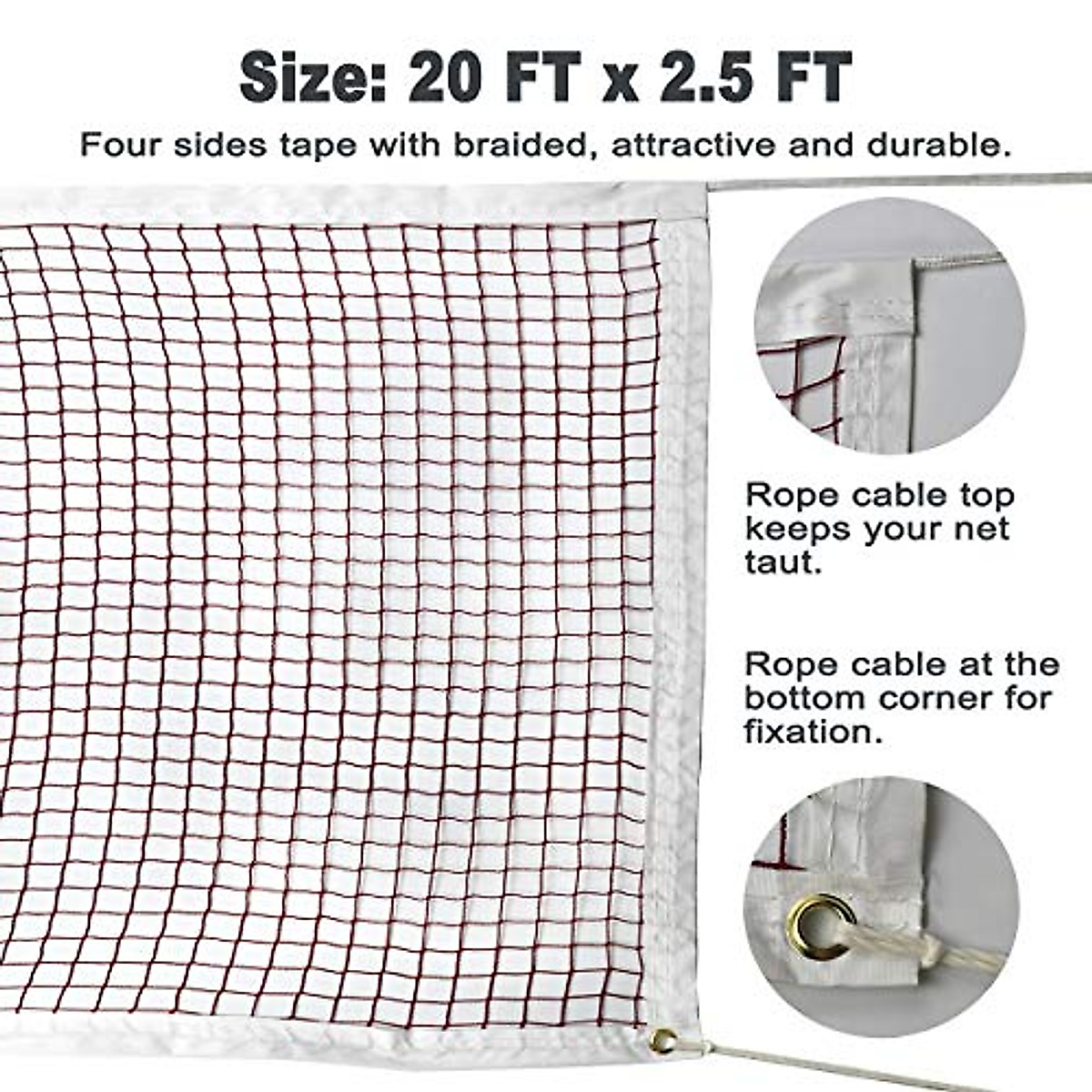 DOURR Badminton Tournament Net with Rope Cable (20 FT x 2.5 FT) (with Nylon Rope Cable)