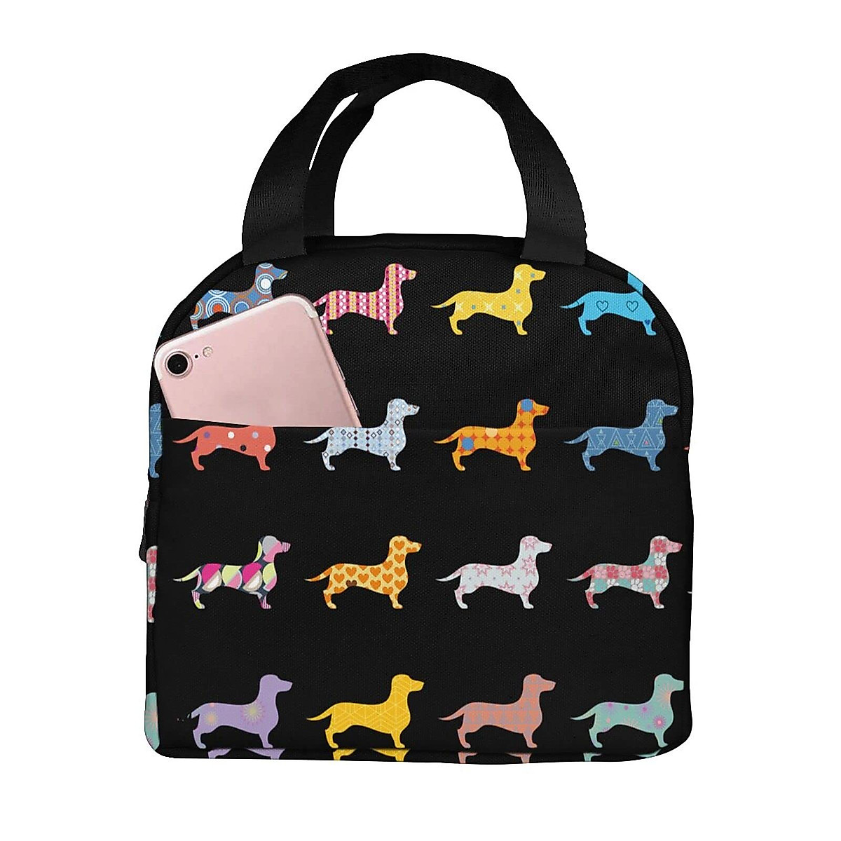 Groamaup Insulated Lunch Bag Black Cartoon Dachshund Puppy Dog Reusable Cooler Tote Lunch Bags For Office Travel