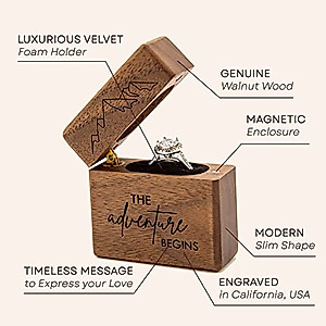 MUUJEE The Adventure Begins Slim Engagement Ring Box - Engraved Wooden Ring Box for Wedding Ceremony Engagement Proposal Ring Bearer Box - Anniversary Birthday Gift Ideas
