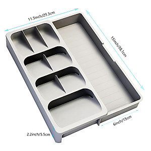 KAKUNM Flatware Drawer Organizer Expandable Adjustable Utensils Silverware Tray for Drawer, Spoon Knife and Fork Partition Storage,Large, Gray