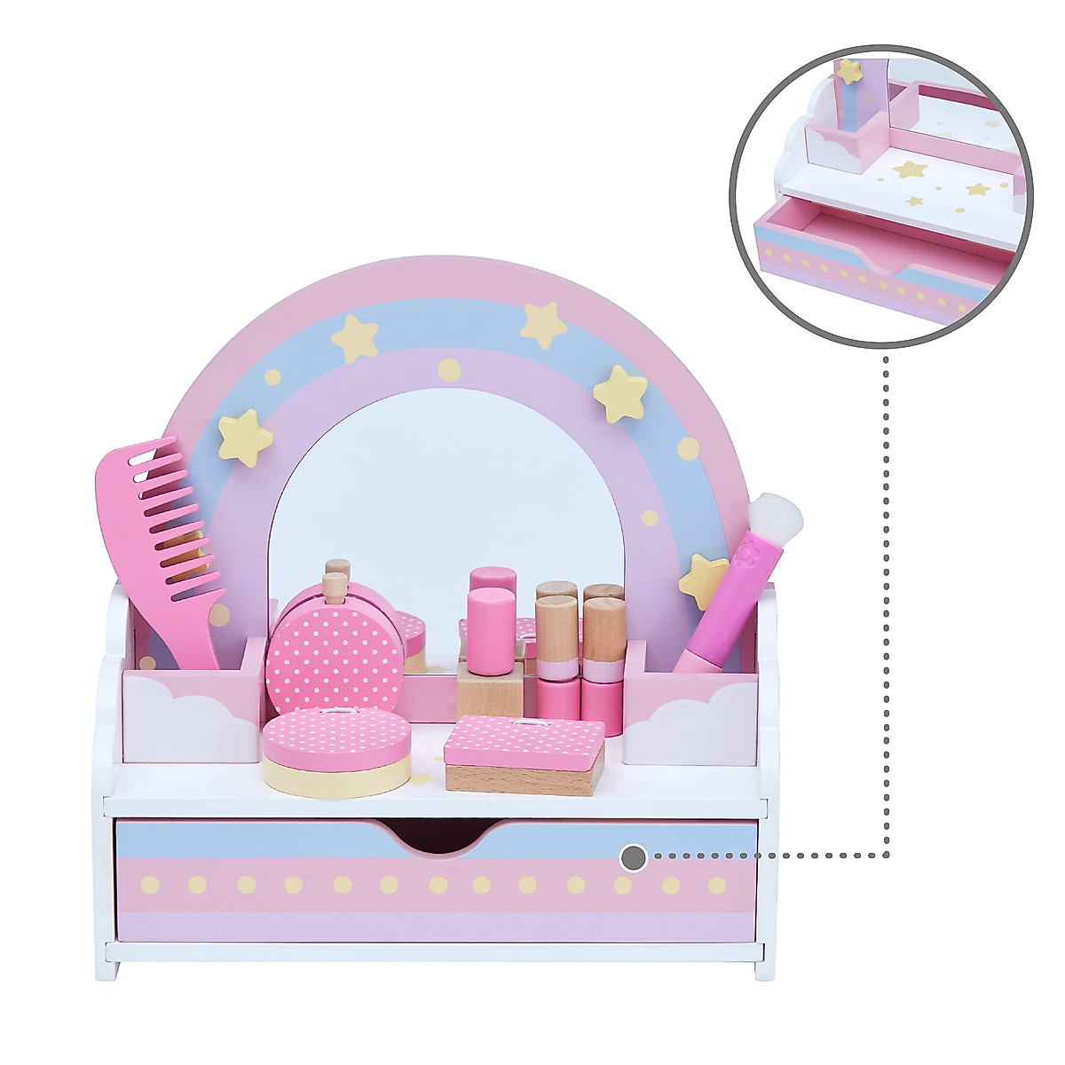 Teamson Kids Little Dreamer Wooden Rainbow Play Tabletop Vanity with Mirror and Drawer Plus 8 Pretend Cosmetic Makeup Accessories, Pink, includes Small Parts