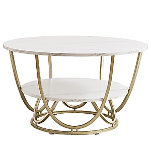 Elephance Round Coffee Table, 31.5 Inch Modern Coffee Table for Living Room, White and Gold Coffee Table with Storage, Wooden Tabletop-Marble White Print with Gold Frame