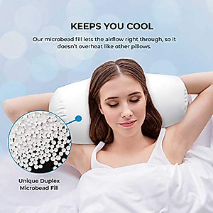 Squishy Deluxe Tube Microbead Bolster Pillow with Stay-Cool Fill & Silky Removable Cover, Flexible, Head, Neck & Back Support for Home & Away, Carrying Case, 13 x 6 inches, Grey