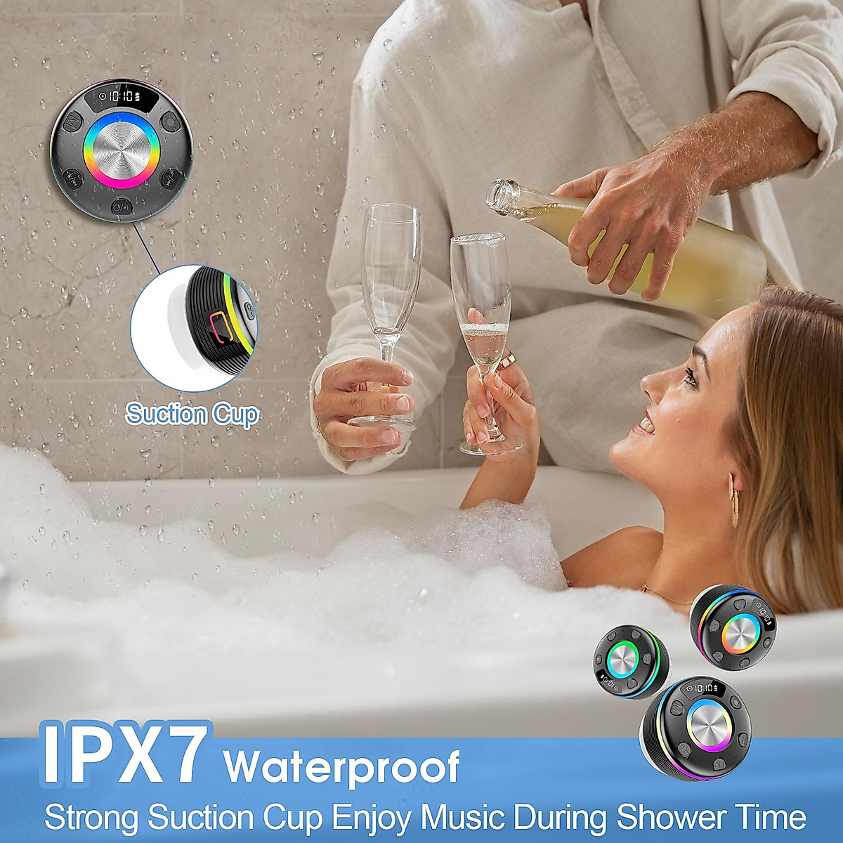 OYIB Bluetooth Shower Speaker, Portable Bluetooth Speaker 360° HD Sound, RGB Lights, FM Radio, IPX7 Waterproof Wireless Speaker with Suction Cup and Mic, Shower Radio for Party/Outdoor/Travel/Gifts