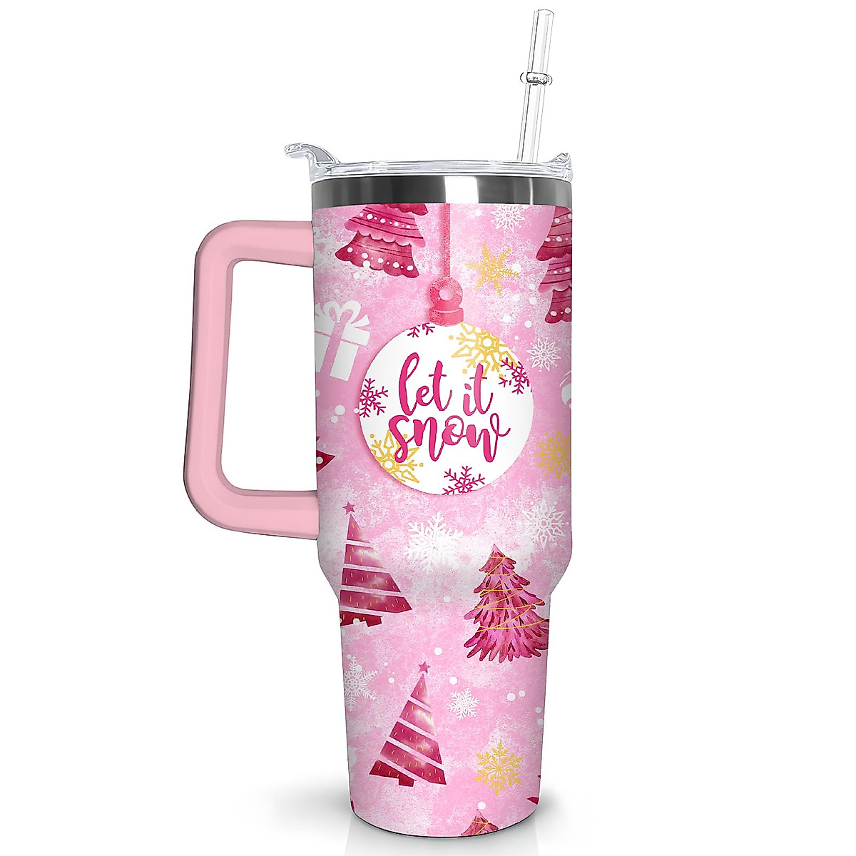 qoepfnsh Christmas Tumbler 40 oz Christmas Tumblers with Handle and Straw Pink Christmas Tree Stainless Steel Insulated Coffee Cups Mugs Christmas Gifts Stuff Decor for Women Girls