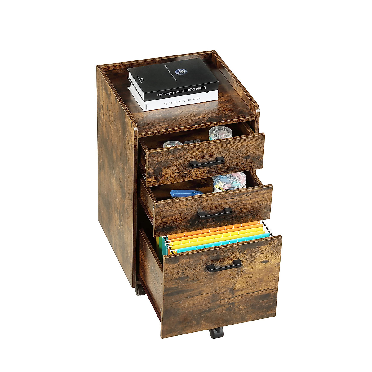 Kavonty File Cabinet, Mobile Office Cabinet with 2 Small Fabric Drawers and 1 Large Drawer,for A4, Letter Size, Hanging File Folders, Rustic Brown and Black