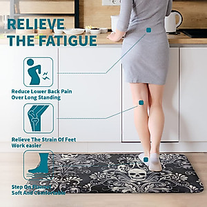 Sugar Skull Kitchen Mats 2 Pcs Anti Fatigue Halloween Skull Kitchen Floor Mats Washable Water Absorbent Gothic Skeleton Kitchen Rugs for Bathroom Laundry Sink Kitchen Standing Mat