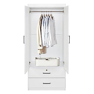 FurnitureR 2 Door Wardrobe, Wooden Armoire with Drawers and Hanging Rod for Bedroom 68.2-Inch Wardrobe Storage Cabinet, White