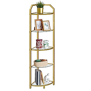 HOOBRO 5-Tier Corner Shelf Stand, Gold Corner Bookshelf, Tempered Glass Shelves, Corner Plant Stand, for Living Room, Bedroom, Study, Bathroom, Balcony, Modern Style, Gold GD14CJ01