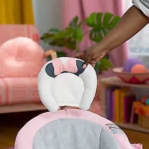 Bright Starts Minnie Mouse Rosy Skies Baby Bouncer with Vibrating Infant Seat, Music & 3 Playtime Toys, 23x19x23 Inch (Pink)