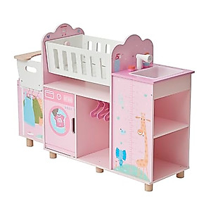 Olivia's Little World Amanda 6-in-1 Wooden Doll Nursery Station with Rocking Cradle, High Chair, Storage, Washing Machine and Sink - for 3 yrs and up, Pretend Play House, Daycare - Pink/Multi