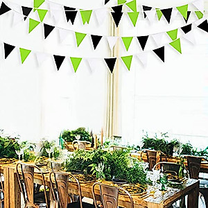 10M/32Ft Green Black White Banner Decorations Triangle Flag Fabric Pennant Garland Bunting for Graduation Birthday Wedding Gaming Soccer Halloween Party Outdoor Garden Hanging Festivals Decoration