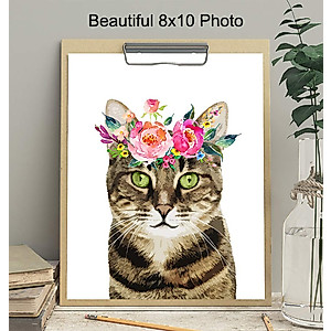 Tabby Cat Wall Art Decor - Kitten, Kitty, Cat Lover Gifts for Women - Cute Floral Wall Art Poster - Adorable Room Decoration for Girls Bedroom, Kids Room, Living Room, Baby Nursery