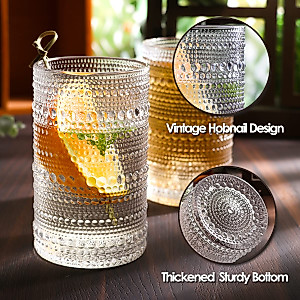 Swetwiny 4 Pack Hobnail Drinking Glasses, 12 Ounce Vintage Drinking Glasses, Old Fashioned Glassware Highball Glasses Water Glasses for Cocktail Whiskey Bear Coffee