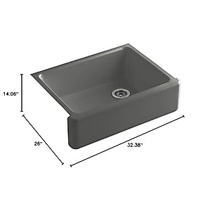 KOHLER K-6487-58 Whitehaven Farmhouse Self-Trimming Apron Front Single Basin Kitchen Sink with Tall Apron, Thunder Grey