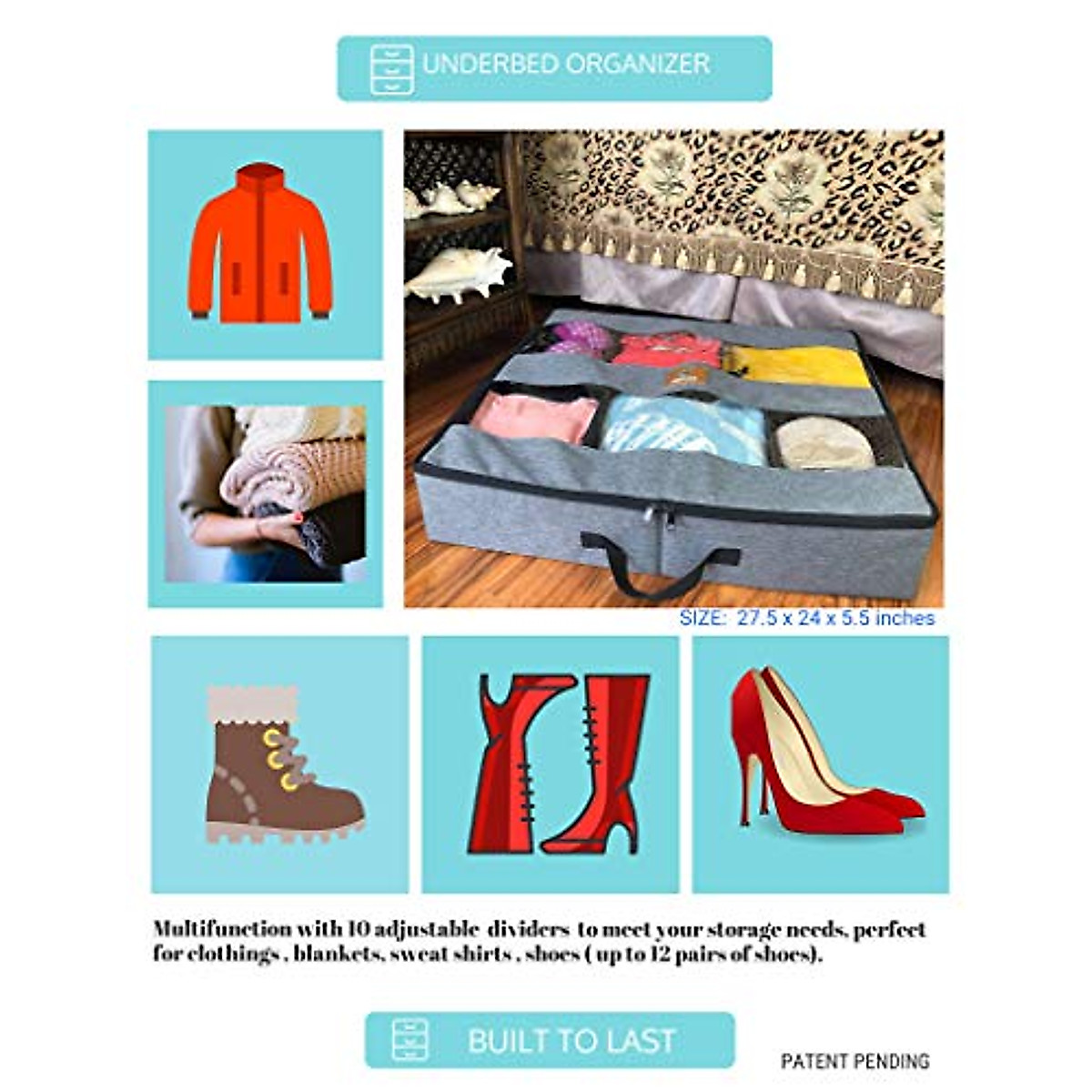 Norse 2 in 1 Large Underbed Storage Bags Organizer Container 2 Sturdy Zippers, Blankets Clothes Comforters Foldable Storage Bags with Clear Window (SET OF 2: 2-in-1 Under bed Organizer, Grey)