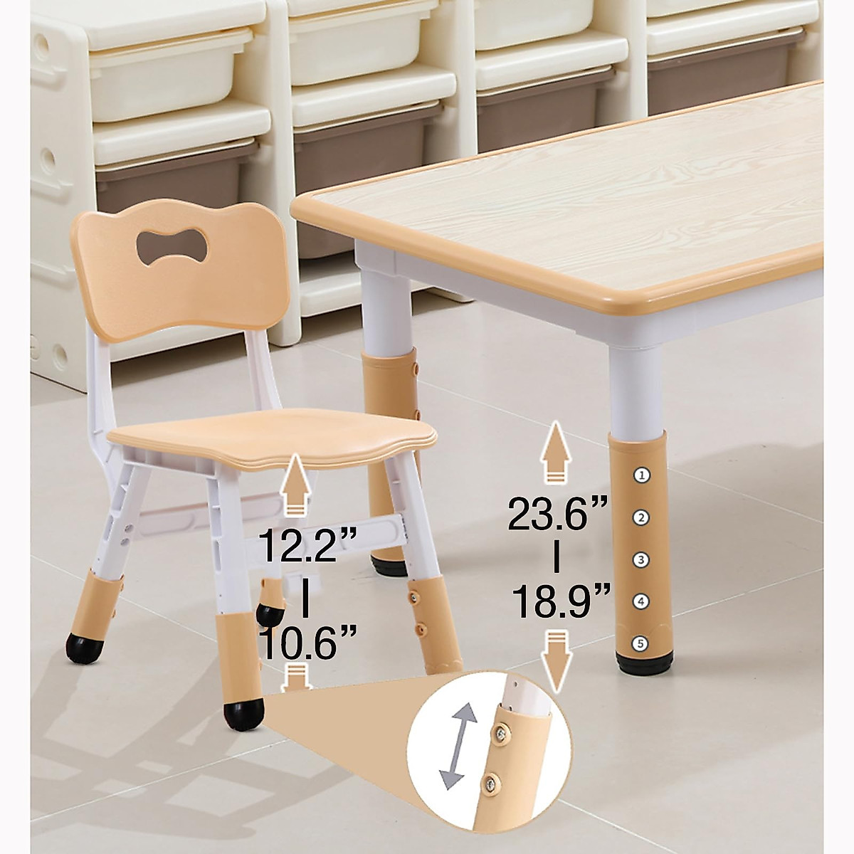 GarveeHome Kids Table and 6 Chair Set - Height Adjustable, Multifunctional Desk, Ergonomically Designed Chairs, Max 300lbs, for Ages 2-10, Classroom, Daycares, Home