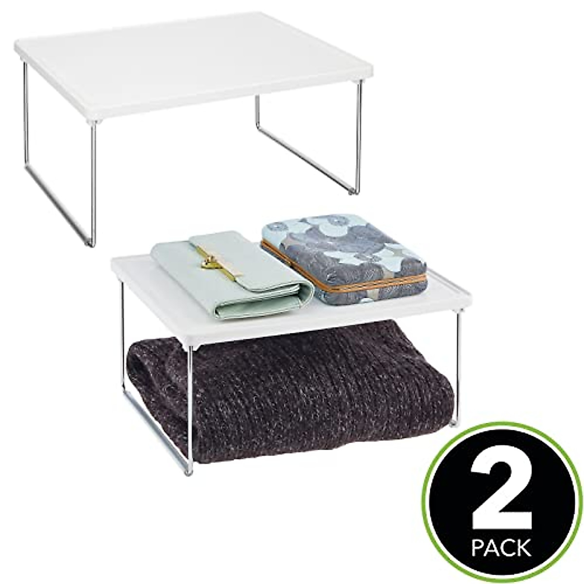 mDesign Metal Stacking Storage Organization for Shelves Inside Closet in Bedroom, Bathroom, Hall, or Entryway - Organizer Stand for Clothing, Linen, Household Items, Ligne Collection, 2 Pack, White