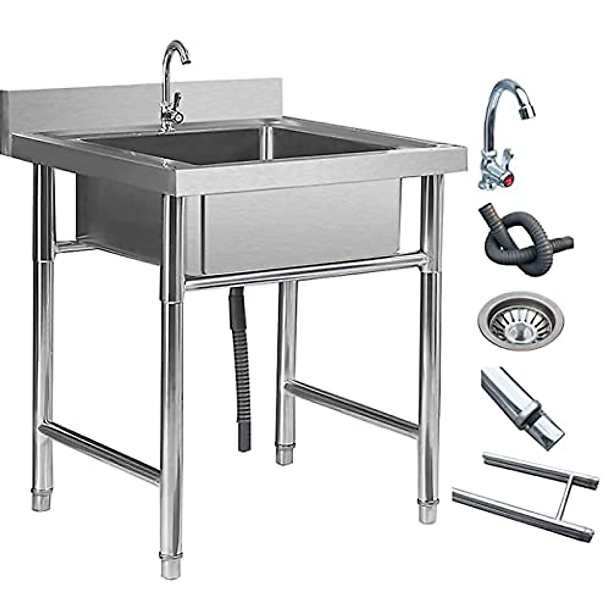 Stainless Steel Sink, Commercial Utility Kitchen Sink Multifunction Free Standing Movable Single?Bowl?Catering Sink Household Wash Vegetable Basin with Backsplash Faucet (60 * 60 * 80cm)