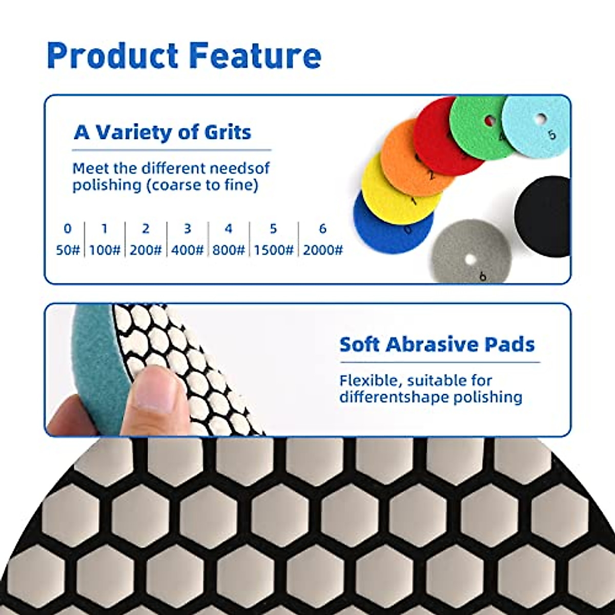 iMetrx 8Pack Diamond Polishing Pads 4 inch Dry (7pcs, Grits 50#-2000#) and Backer Pad (1Set) Concrete Diamond Sanding Discs Marble Granite Stone polishing kit