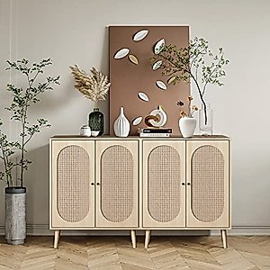 QHITTY Rattan Sideboard Buffet Cabinet, Accent Kitchen Storage Cabinet Console Table with Adjustable Shelves for Living Room, Dining Room, Bedroom (Natural)