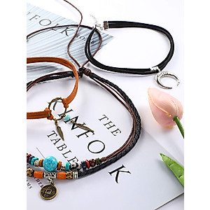 Hicarer 3 Pieces Suede Choker Necklaces American Indian Feather Handmade Necklaces Adjustable Leather Turquoise Choker Necklace Moon Crescent Pendant Choker for Women Accessories