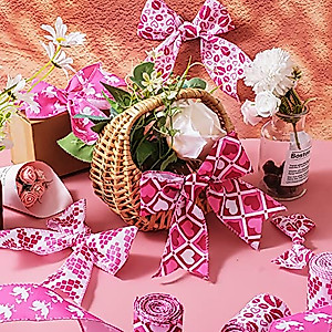 Kuscul 25 Yards Valentine Wired Edge Ribbons, 2 1/2 Inch Rose Pink Style Lips Love Heart Cupid Pattern Buffalo Plaid Ribbons for Valentine's Day Anniversary DIY Craft Wedding Party Wreath Bow