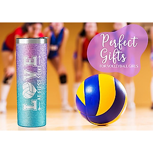 Onebttl Volleyball Gifts for Teen Girls & Team, Stainless Steel Kids Volleyball Tumbler, Double Wall Vacuum Insulated Bottle with Lid and Straw 20oz - Love at first Spike (Glitter Purple Blue)