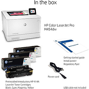 HP Color Laserjet Pro M454dw Print only Wireless Ethernet Laser Printer for Home Office, 28 ppm, 2.7" Touchscreen, 600 x 600 dpi, 8.5 x 14, 512MB RAM, Auto Duplex Printing, White, Cbmou Printer Cable