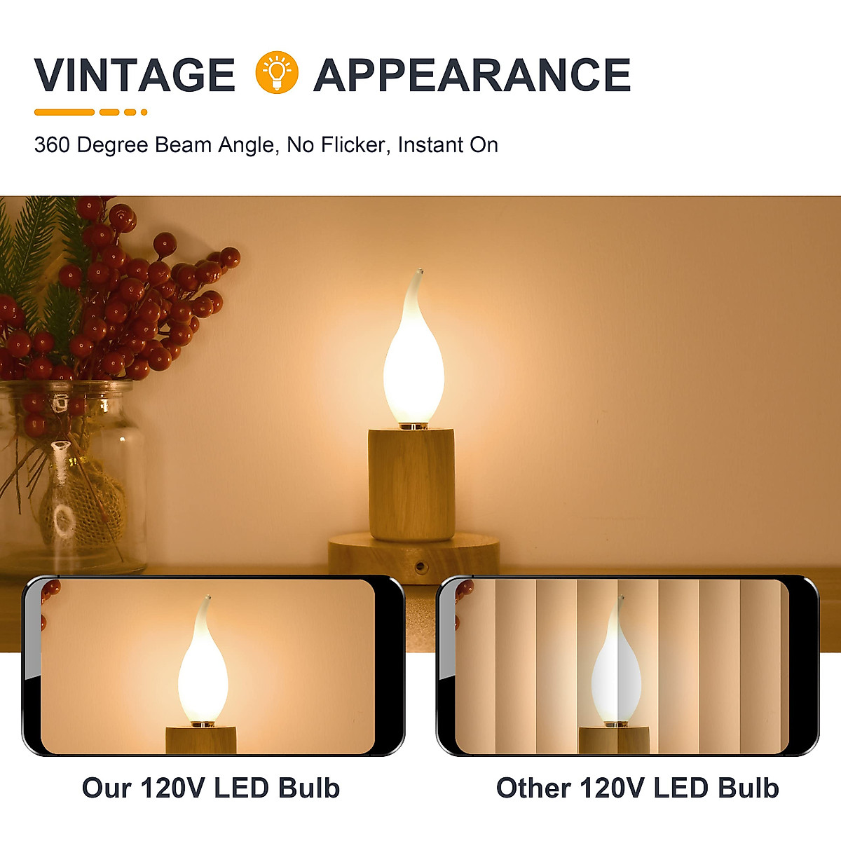 Frosted E12 Candelabra Bulb 25W Equivalent LED Chandelier Light Bulbs- 2W Dimmable E12 LED Bulb- 2700K Soft Warm- CA10 Flame Tip Candle Bulbs for Bedroom, Living/Dining Room, Wall Lantern- 3 Count