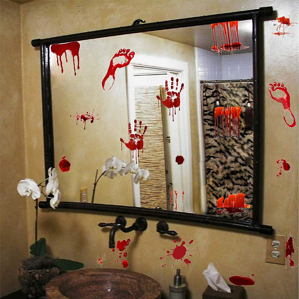 IARTTOP Halloween Bloody Handprint Footprint Decal Zombie Vampire Bloodstains Sticker, Screaming Bloody Decal for Bathroom Mirror Halloween Home Wall Art
