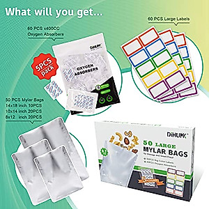 50 Mylar Bags 60x400CC Oxygen Absorbers for Food Storage Long Term 8.7 Mil Gallon Aluminum Foil 60 Stickers (14"x18", 10"x14", 8"x12")
