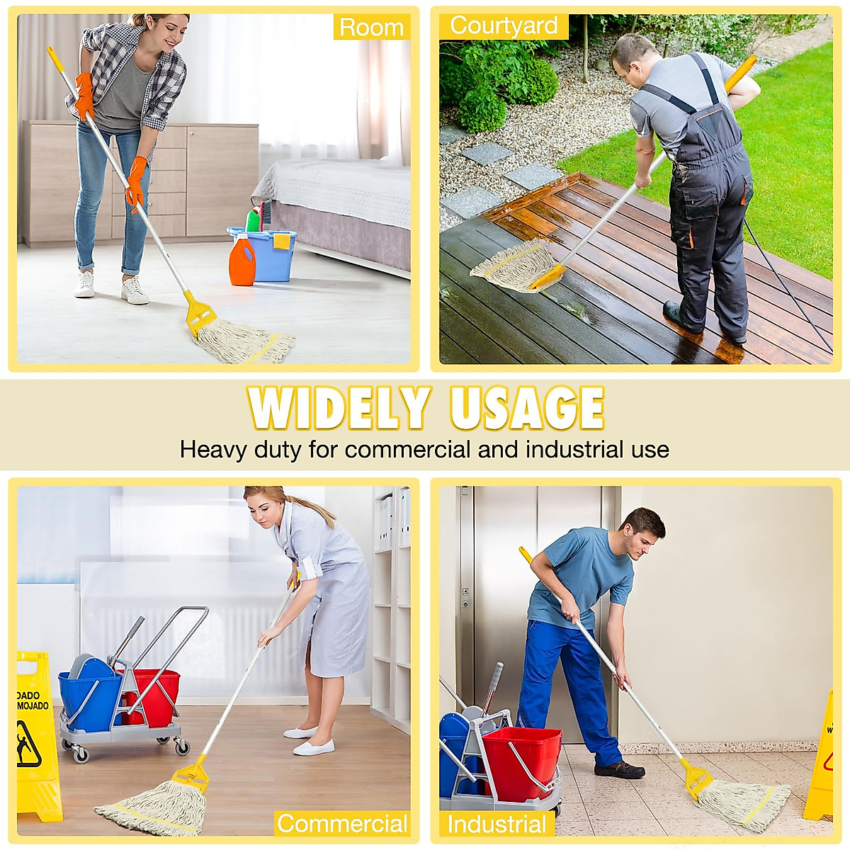 Commercial Mop Heavy Duty Industrial Cotton Mop with Long Handle,Looped-End String Wet Mops for Home,Garage,Office, Workshop, Warehouse Floor Cleaning