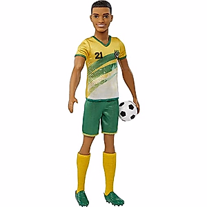 Barbie Soccer Ken Doll with Short Cropped Hair, Colorful #21 Uniform, Cleats, & Tall Socks, Soccer Ball 11.5 inches