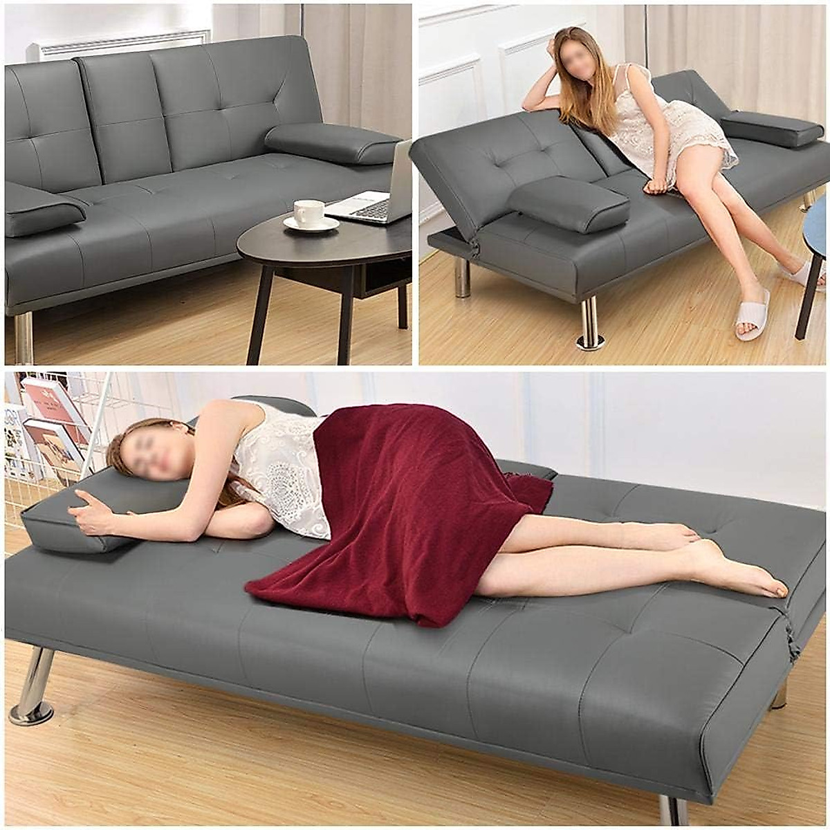 GATEQ Contemporary Faux Leather Futon, Convertible Sofa Bed, Adjustable Sofa Sleeper, Folding Sunbed Guest Bed, Removable Armrests with Cupholders and Pillow (Grey)