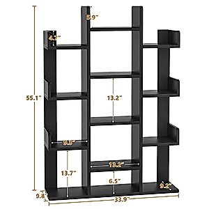 Aheaplus Bookshelf, Tree-Shaped Bookcase Storage Shelf with 13 compartments, Books Organizer Display Cube Shelves, Industrial Free Floor Standing Wood Open Bookshelves, Black