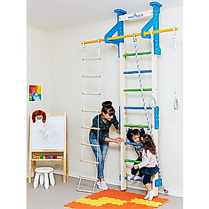 Kids Wood Playground Play Set for Floor & Ceiling / Wooden Indoor Training Gym Sport Set with Accessories Equipment: Climber, Gymnastic Swing Rings, Climbing Rope, Rope Ladder / Wallbarz Woodsy